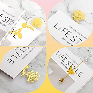 4 Pack Metal Golden Rose Bookmarks Flower Bookmark Cute Bookmarks with 3D Butterfly Pendant Chain and Box Teacher Mom Appreciation Birthday Gifts for Reader Book Lover