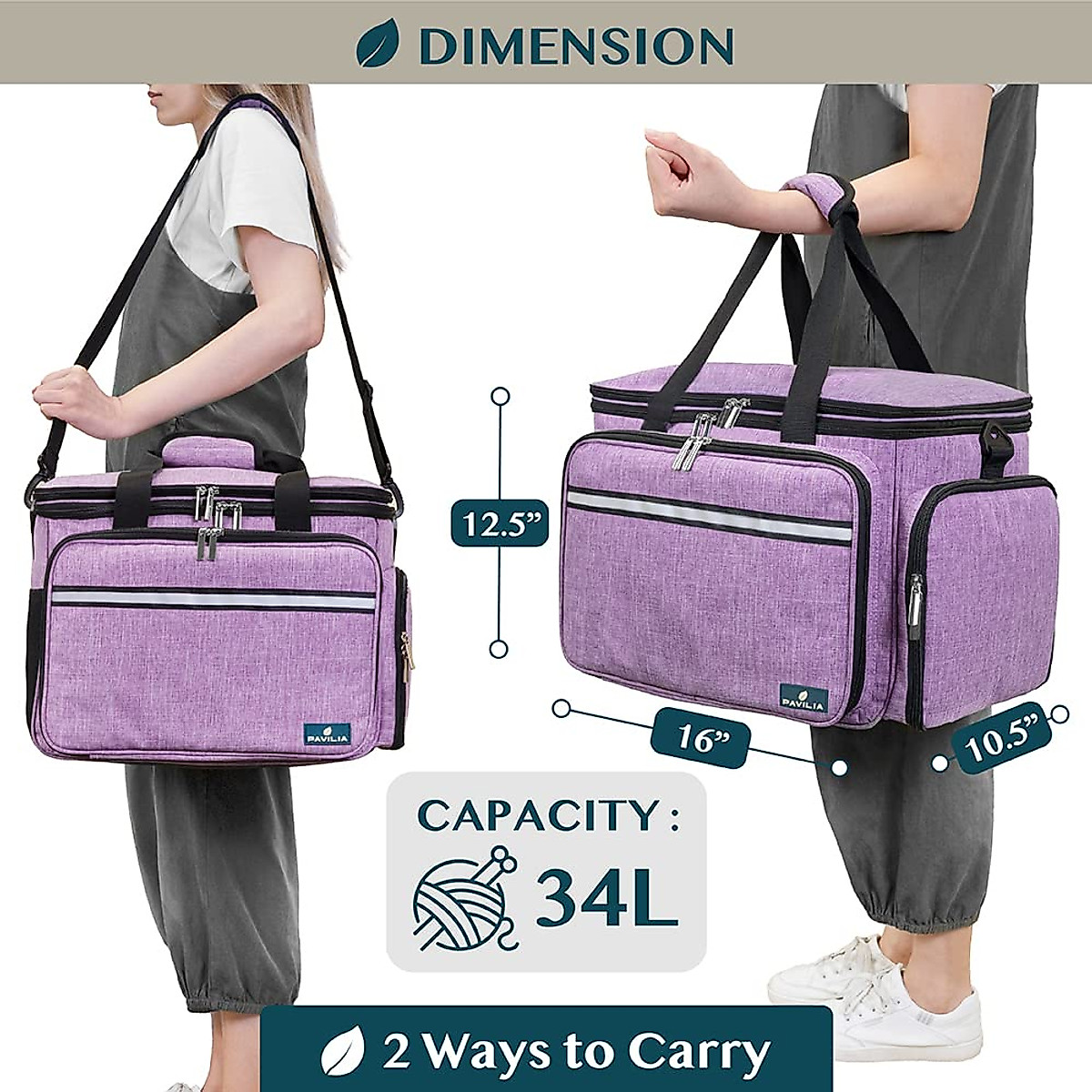 PAVILIA Knitting Bag Yarn Storage Tote - Crochet Organizer Bag, Yarn Storage Holder with Dividers for Knitting Accessories, Yarn Skiens, Needles, Hooks, Unfinished Project (Heather Purple)