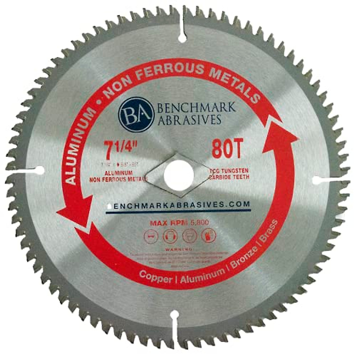 Benchmark Abrasives 7-1/4" TCT Saw Blade with 5/8" Arbor, Circular Saw Blades for Cutting Plastic Aluminum Non-Ferrous Metals Fiberglass, Smooth Cutting ‎(7-1/4" - 80 Teeth)