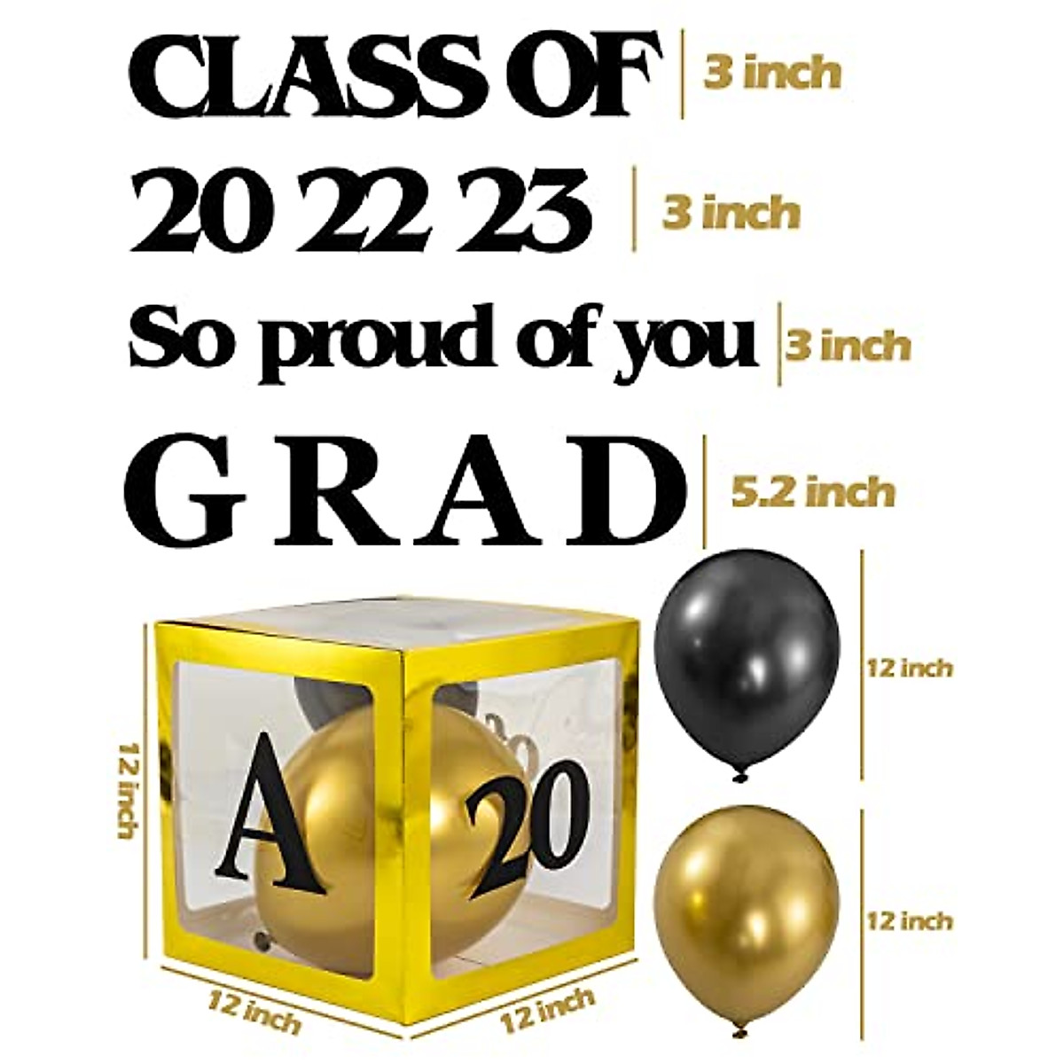 LABEOL Graduation Party Decorations 2023,4 PCS Gold Balloon Boxes with"GRAD""CLASS OF 20 22 23""So proud of you"Letters and 20 PCS Balloons for Graduation Party Decorations Supplies for Class of 2023