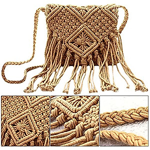 Monique Women Retro Fringed Cotton Crochet Cross-body Bag Small Messenger Bag Bohemian Summer Beach Tassel Shoulder Bag Purse Brown