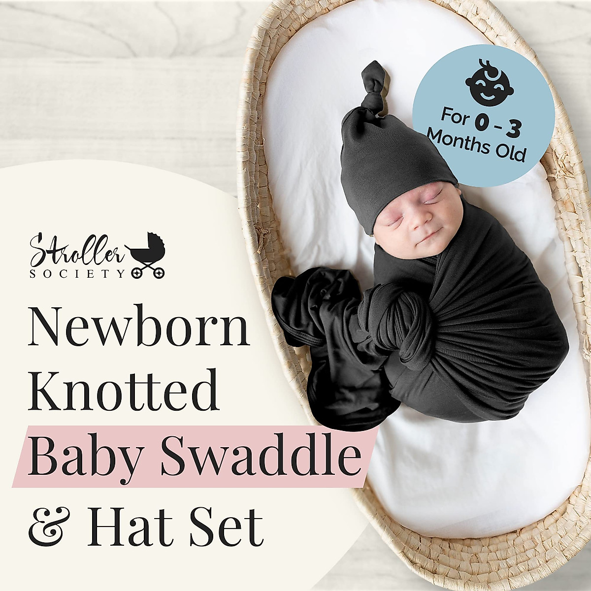 Stroller Society - Newborn Swaddle and Hat Set, Stretchy and Comfortable Baby Swaddle Blanket, Use as Receiving Blanket, Toddler Blanket and More, Black, 47 x 47 inches