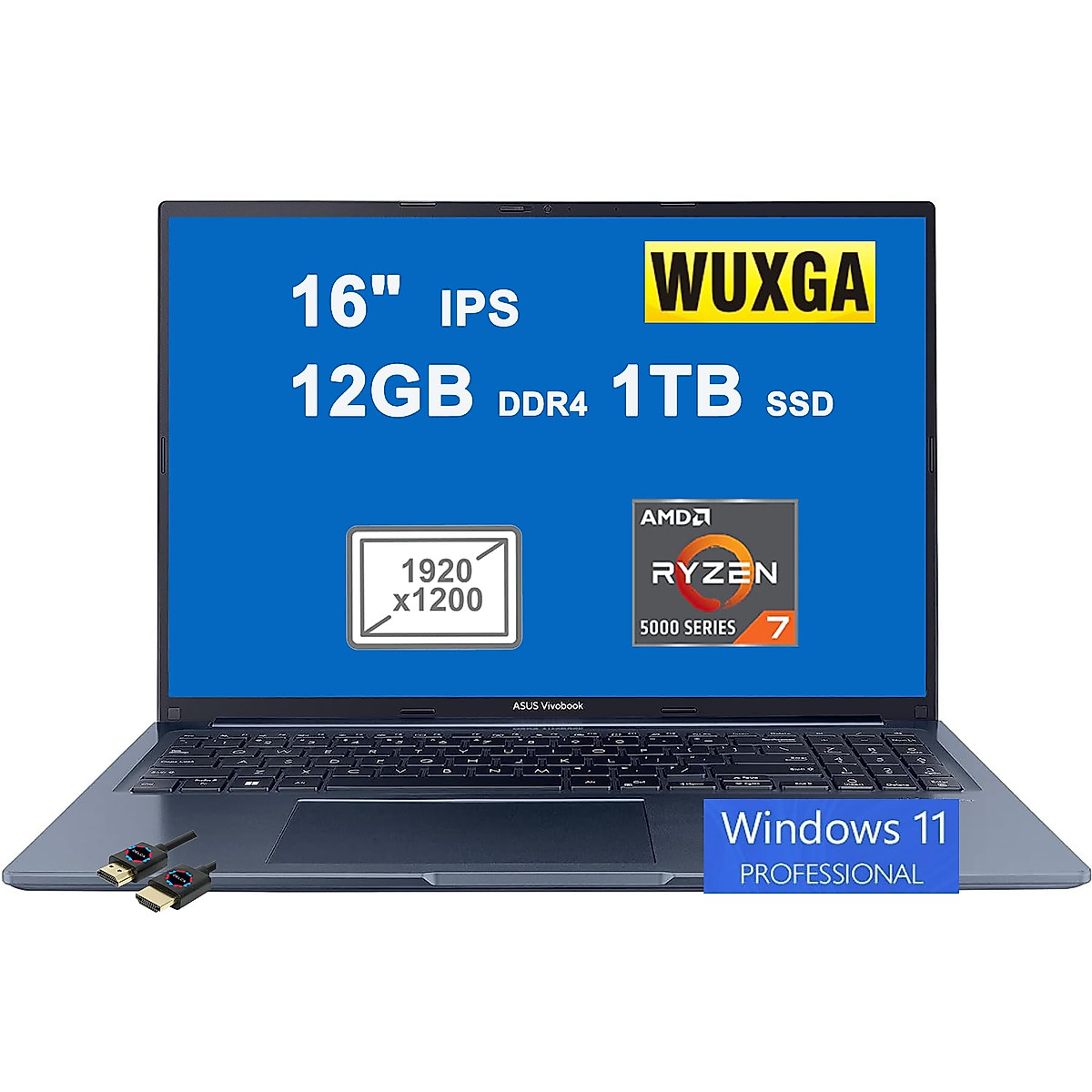 ASUS VivoBook 16X Business Laptop | 16" WUXGA IPS Anti-glare Display | AMD 8-Core Ryzen 7 5800HS Processor| 12GB DDR4 1TB SSD | USB-C HDMI SonicMaster Win11Pro Blue + HDMI Cable