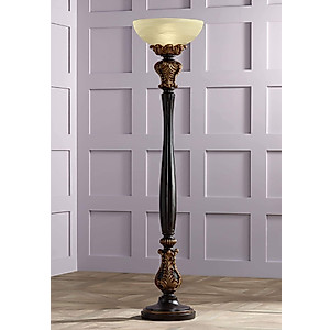 Barnes and Ivy Rita Traditional Victorian Torchiere Floor Lamp 75" Tall Carved Wood Amber Glass Shade Foot Dimmer Standing Light for Living Room Reading House Bedroom Home Office