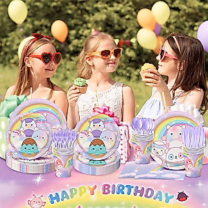 CAILESS Kawaii Squish Birthday Party Supplies, 117Pcs Cute Kitty Animal Party Decoration Include Plates Cups Napkins Cutlery Tablecloth Disposable Set Serves 16 Guests for Kids Birthday Party