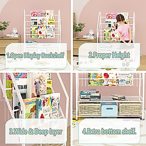 Azheruol Kids Bookshelf Freestanding for Children Room 32 Inches White Metal Bookcase Large Capacity Books Toys Organizer Stable 5 Tiers Kids Book Rack for Playroom Bookstore Library.