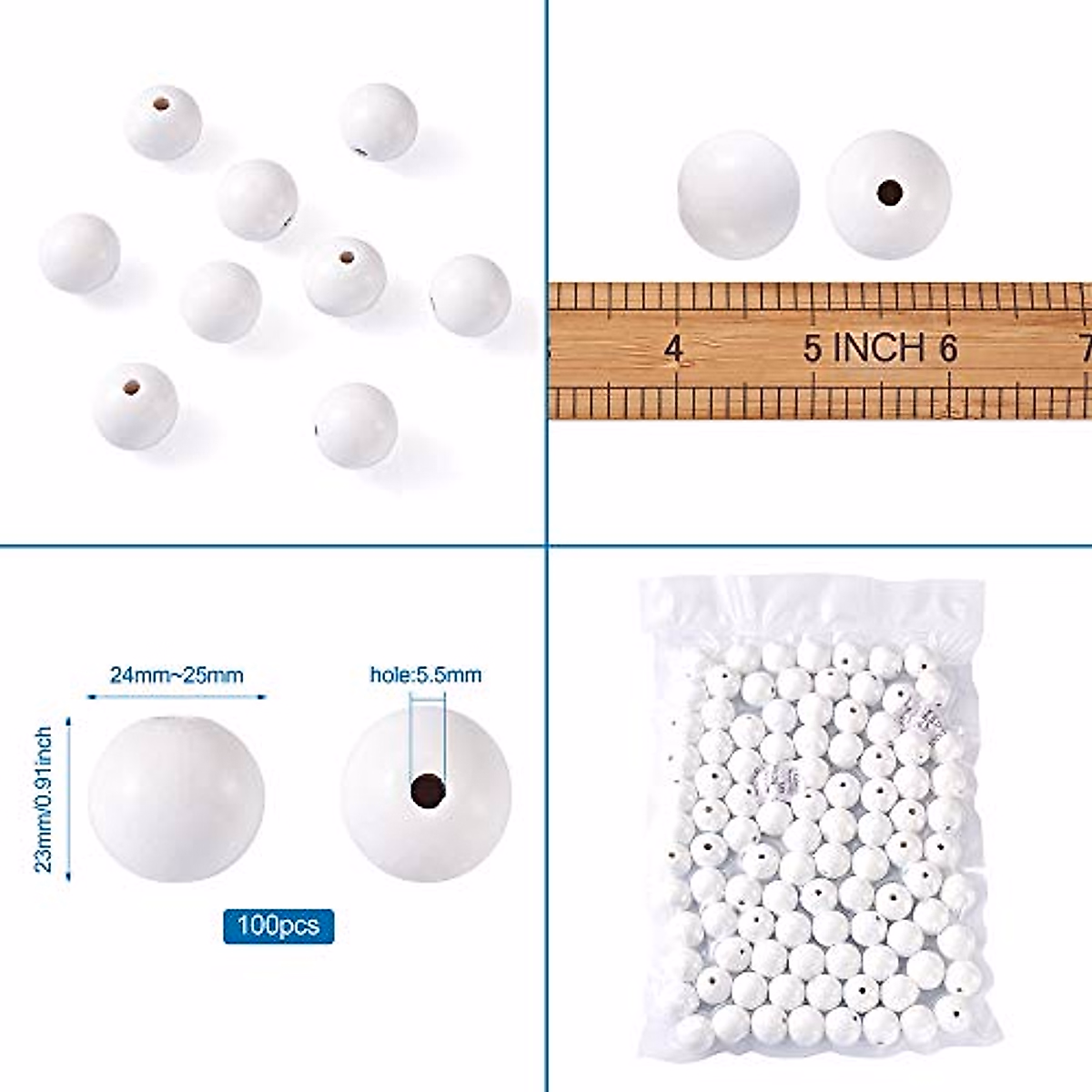 100pcs Painted White Wood Beads 25mm Round European Large Hole Beads Natural Wooden Painted Loose Spacer Ball Beads with 5.5mm Large Hole Beads Charms for DIY Jewelry Making Home Decor
