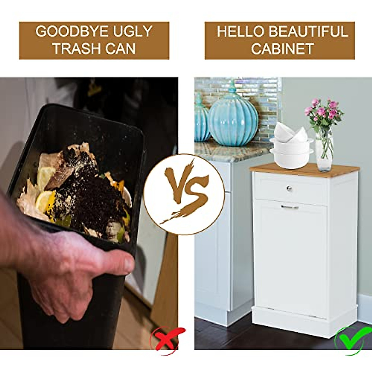 Kinfant Kitchen Recycling Trash Cabinet - Tilt-Out Trash Bin Can, Free Standing Holder with Drawer and Removable Bamboo Cutting Board, White