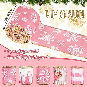 AnyDesign 30 Yards Christmas Wired Edge Ribbon 2.5 Inch Pink White Checkered Snowman Snowflake Craft Ribbon Gold Glitter Wired Fabric Ribbon for Wrapping DIY Bow Wreath Crafts Making, 5 Rolls