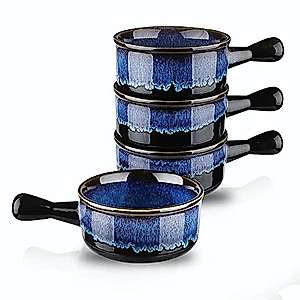 KOOV French Onion Soup Bowls With Handles Microwave Safe, 15 Oz Ceramic Soup Crocks for Oatmeal, Cereal, Stew, dessert, Reactive Glaze Set of 4 (Nebula Blue)