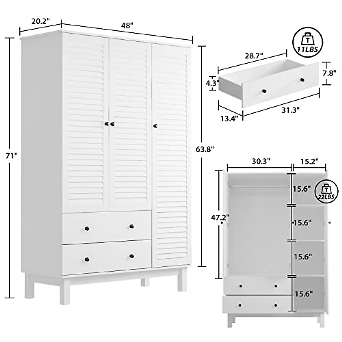 ECACAD Large Wardrobe Armoire with 4-Tier Shelves, 2 Drawers, Hanging Rod & 3 Louver Doors, Wooden Closet Storage Cabinet for Bedroom, White (48”W x 20.2”D x 71”H)