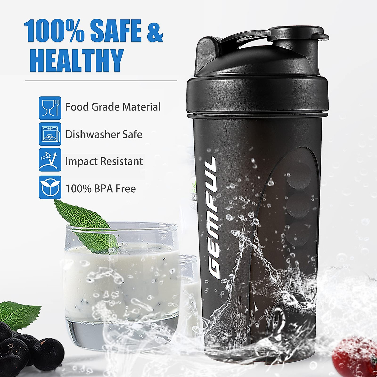 GEMFUL Shaker Bottle for Protein Mixes 28 oz BPA-Free Leak Proof Smothies Mixer Water Cups 2 Pack