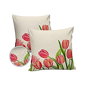 Outdoor Pillow Covers Waterproof, Spring Tulip Throw Pillowcase Decorative Cover, Farmhouse Beautiful Bright Red Floral Garden Cushion Case Set of 2 for Sofa, Couch, Tent, Patio 18"x18"