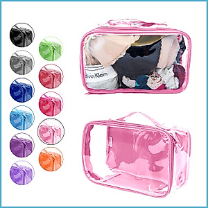 Small Clear Travel Packing Cube/See Through PVC Plastic Pouch for Carry On Suitcase, Backpack or Diaper Bag/Transparent Multipurpose Accessories, Makeup & Underwear Organizer w/Handle (Rose)