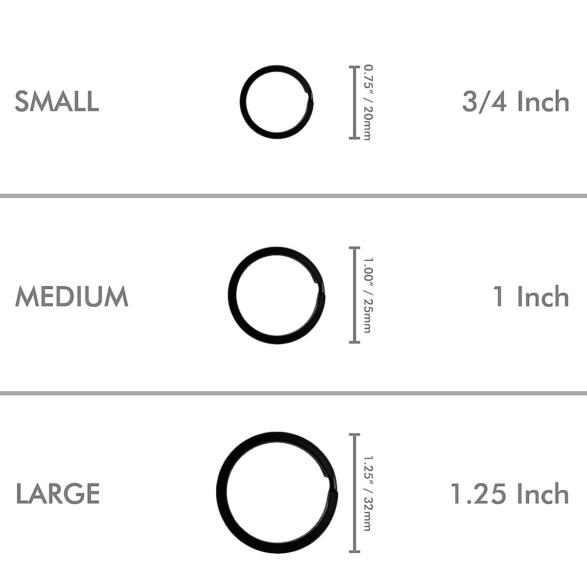 Flat Key Rings Key Chain Metal Split Ring 36pcs (Round 3/4 Inch, 1 Inch and 1.25 Inch Diameter), for Home Car Keys Organization, Electroplated Black