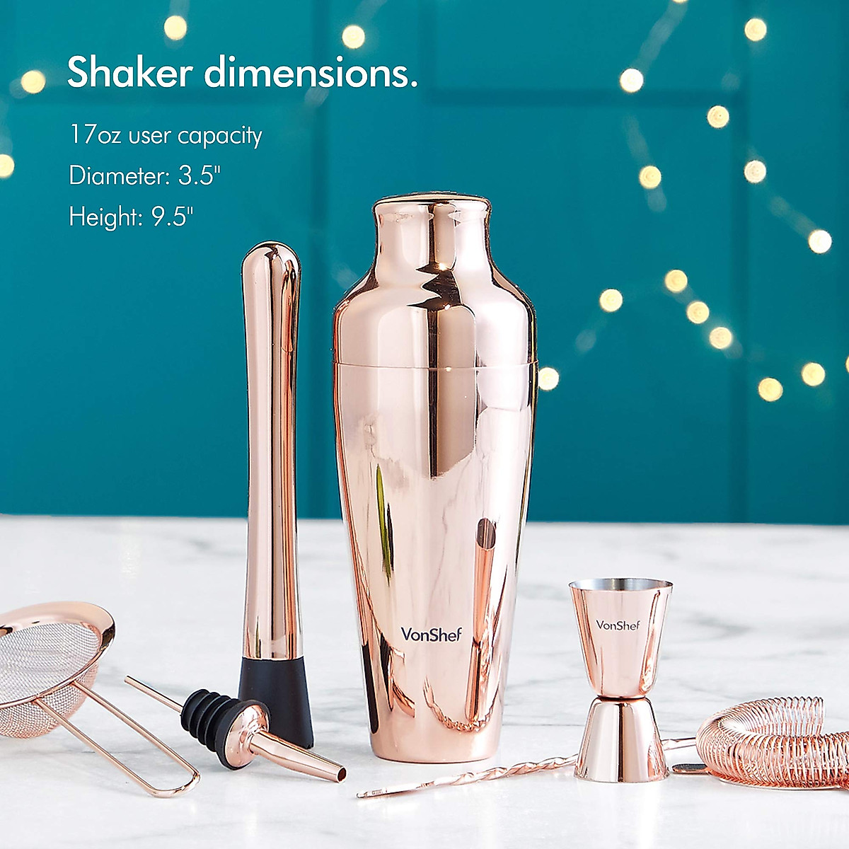VonShef Parisian Cocktail Shaker Barware Set in Gift Box with Recipe Guide, Cocktail Strainers, Twisted Bar Spoon, Jigger, Muddler and Pourers, 9 Piece Set, 17oz (Rose Gold)