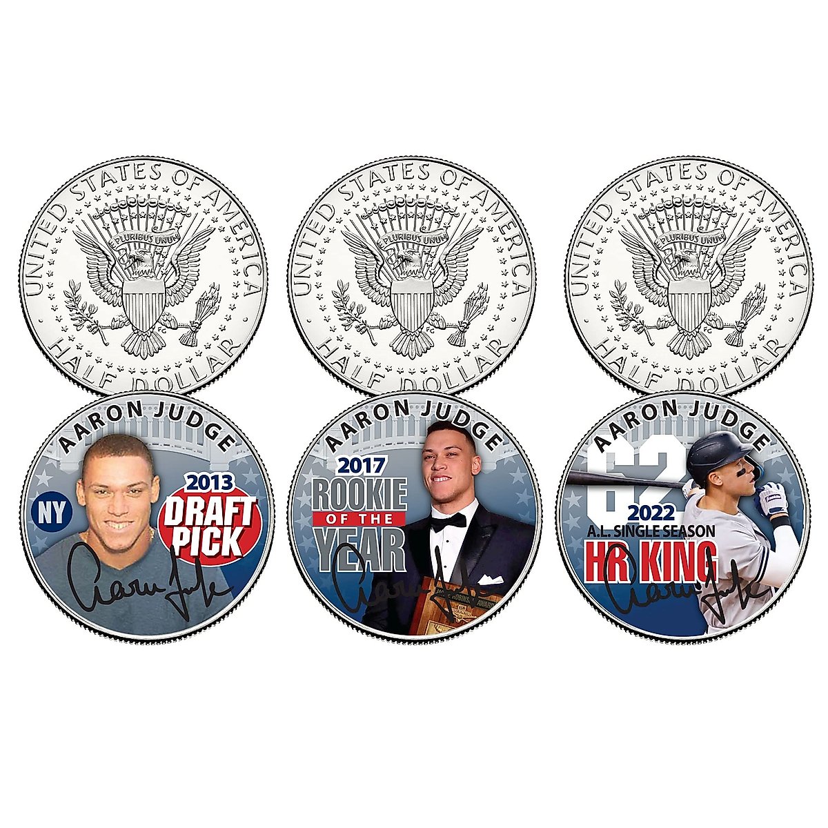 Aaron Judge Officially Licensed 62nd Home Run King Record JFK Half Dollar U.S. 3-Coin Set (Draft Pick/Rookie / 62 HR) with Panoramic Display Certificate of Authenticity