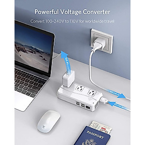 BESTEK Universal Travel Adapter 100-220V to 110V Voltage Converter 250W with 6A 4-Port USB Charging 3 AC Sockets and EU/UK/AU/US/India Worldwide Plug Adapter (White)
