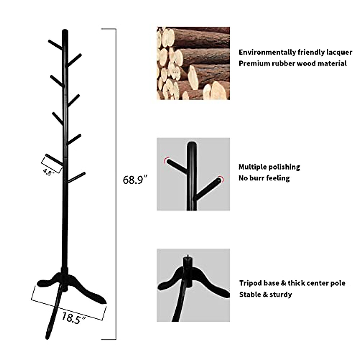 DOHANG Coat Rack, FreeStanding Sturdy Coat Tree, Wooden Hanger, Adjustable Sizes with 8 Hooks for Clothes, Hats, Umbrellas, Scarves, Purses in Hallway, Entryway, Home, Office, Black