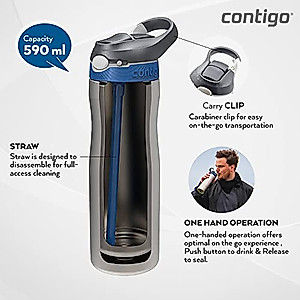 Contigo Ashland Chill Autospout Water Bottle with Flip Straw, Stainless Steel Thermal Drinking Bottle,Leakproof,Grey, BLue, 590 ml