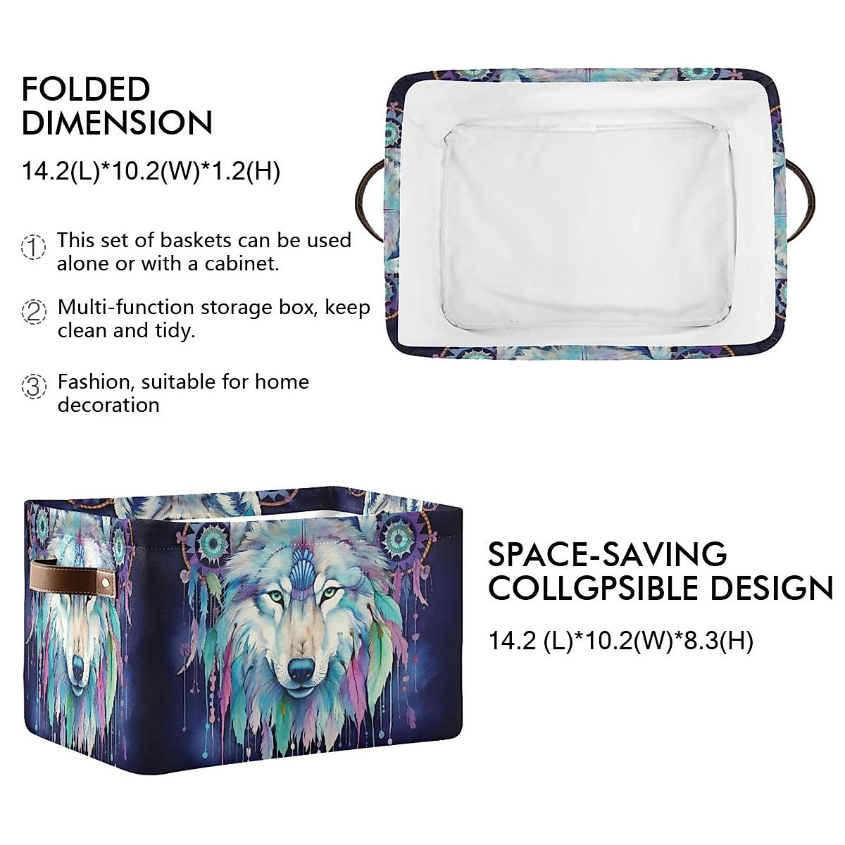 KJIZMO Wolf and Dream Catcher Foldable Storage Basket for Shelves, Collapsible Sturdy Storage Bin with Handles, Canvas Storage Cube for Organizing Closet 1PC