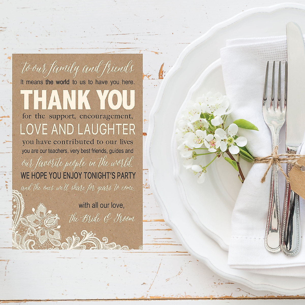 Hadley Designs 50 Wedding Kraft Thank You Place Cards, Rehearsal Dinner Thank You Table Sign, Menu Place Setting Card Notes, Placement Thank You Note Favors For Family & Guests