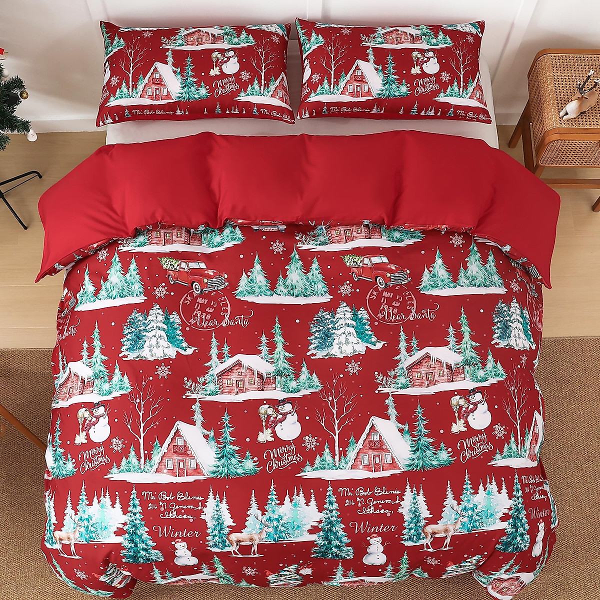 Dobuyly Christmas Duvet Cover Set Queen Size Christmas Tree Reindeer Snowman Pattern Duvet Cover with 2 Pillowcases Soft Microfiber Red Bedding Set for Holiday New Year Gift(3Pcs, 90"x90")