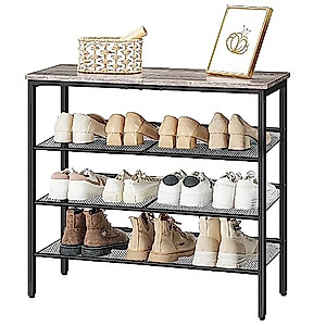 HOOBRO Shoe Rack, 4-Tier Shoe Rack, Shoe Shelf for Entryway, Closet, Holds 12-15 Pairs of Shoes, Shoe Storage Organizer with 3 Metal Mesh Shelves, Solid and Stable, Industrial, Greige BG42XJ01