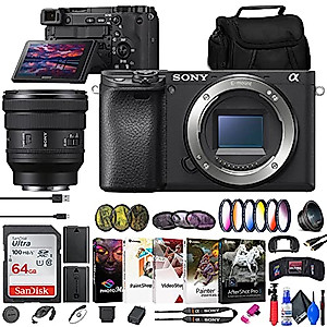 Sony a6400 Mirrorless Camera (ILCE-6400/B) + Sony FE PZ 16-35mm Lens + Filter Kit + Wide Angle Lens + Color Filter Kit + Bag + 64GB Card + NPF-W50 Battery + Corel Photo Software + More (Renewed)