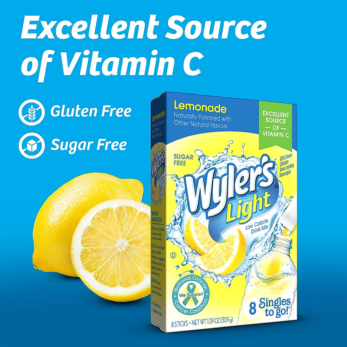 Wyler's Light Singles To Go Powder Packets, Water Drink Mix, Lemonade, 12 Boxes, 8 Servings per Box, 96 Total Servings