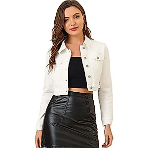 Allegra K Women's Casual Cropped Button Down Long Sleeves Basic Jean Denim Jacket X-Small White