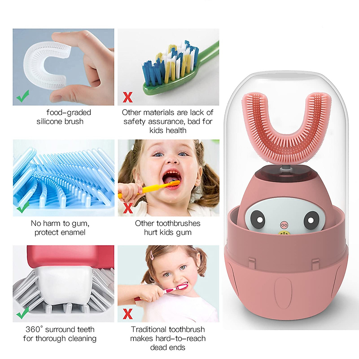 CATLION U Type Sonic Whole Mouth Toothbrush,Children's Ultrasonic Toothbrushes,Kids Electric Toothbrush,360 Whitening and Cleaning Teeth,Ipx8 Waterproof,4 Gear Mode,Voice Broadcast (8-15 Years, Pink)