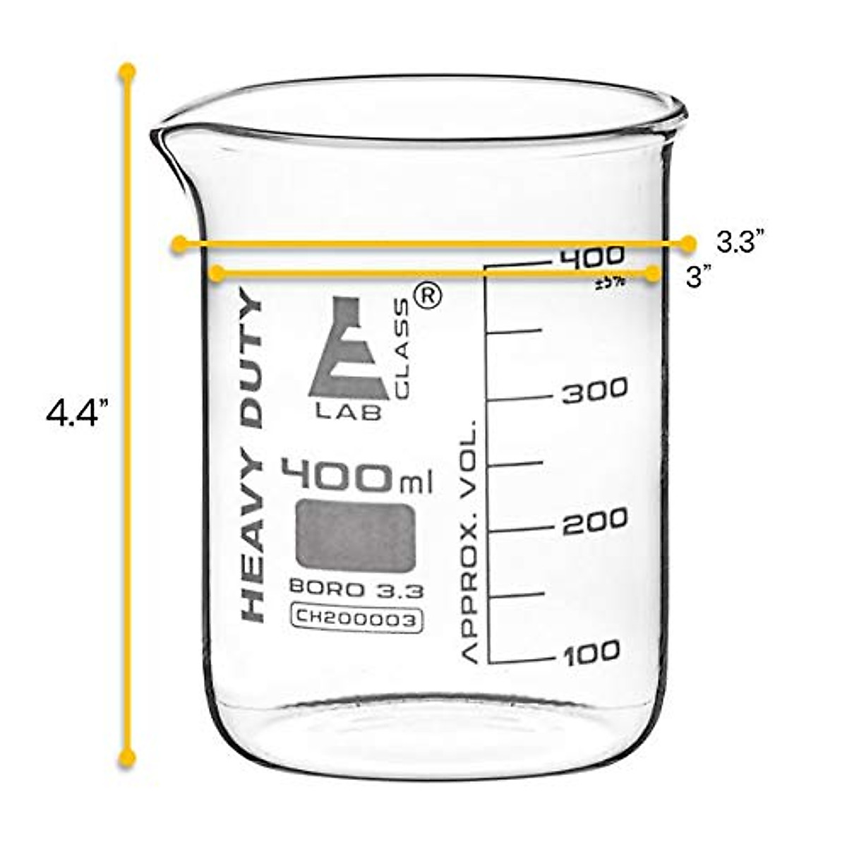 EISCO Heavy Duty Beaker, 400ml - 5mm Thick, Uniform Walls - Superior Durability & Chemical Resistance - White Graduations - Borosilicate 3.3 Glass