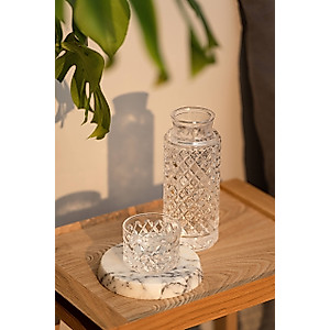 Alfi+Mag Bedside Glass Water Carafe and Tumbler Set - 24.7 Oz Water Bottle with 5.7 Oz Drinking Glass Cup, Carafe for Nightstand, Mouthwash Decanter Bathroom Set, Handmade Gift (Diamond Clear Glass)