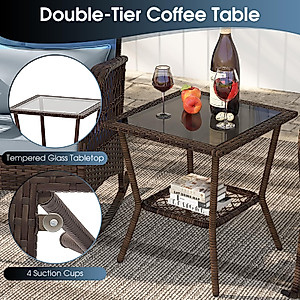 Tangkula 3 Piece Patio Rocker Set, Patiojoy Outdoor Wicker Rocking Chairs w/Double-Layer Coffee Table, Rattan Rocker Chair Set w/Seat Back Cushions & Pillows, for Porch, Backyard, Poolside (Grey)