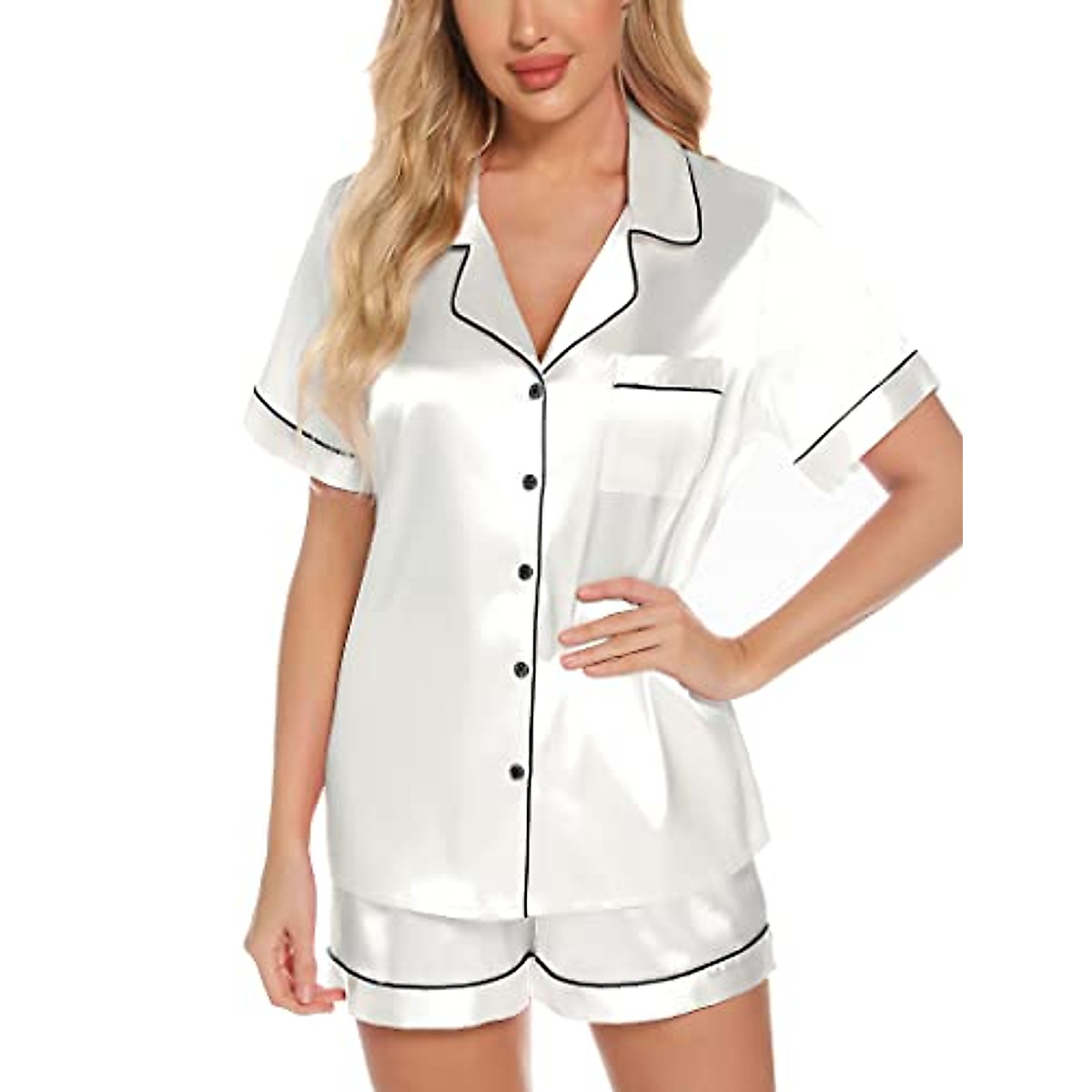 Leikar Womens Silk Satin Pajamas Shorts Set Bride Pajamas Button Down Pjs Loungewear Set S-XXL White