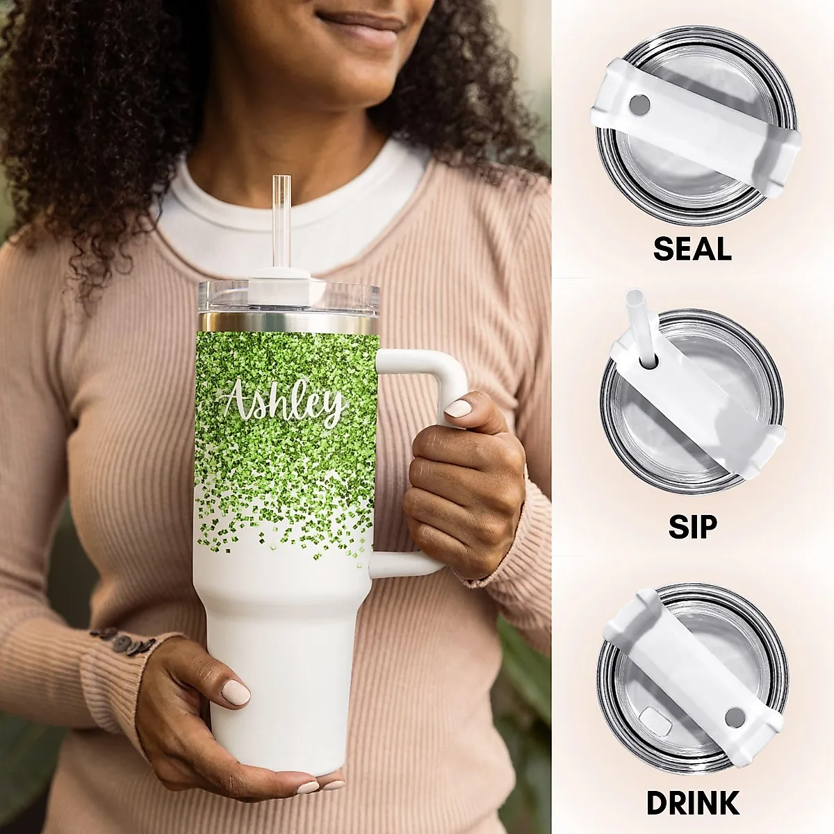 Personalized 40 oz Tumbler With Handle And Straw Lid Glitter - Dishwasher Safe Stainless Steel Insulated Travel Mug - Custom Name Tumbler Gift For Women Mom Friend Teacher Nurse Her Birthday Christmas