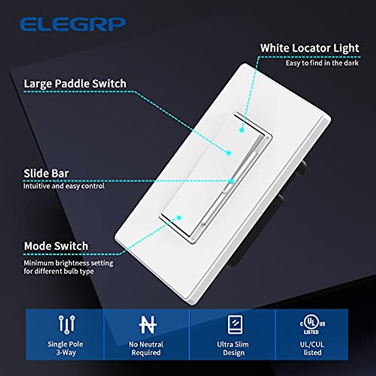 ELEGRP Digital Dimmer Light Switch for 300W Dimmable LED/CFL Lights and 600W Incandescent/Halogen, Single Pole/3-Way LED Slide Dimmer Light Switch, Wall Plate Included, UL Listed, 6 Pack, Matte White