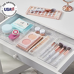 STORi SimpleSort 3-Piece Stackable Clear Drawer Organizer Set | 9" x 6" x 2" Rectangle Trays | Wide Makeup Vanity Storage Bins and Office Desk Drawer Dividers | Made in USA