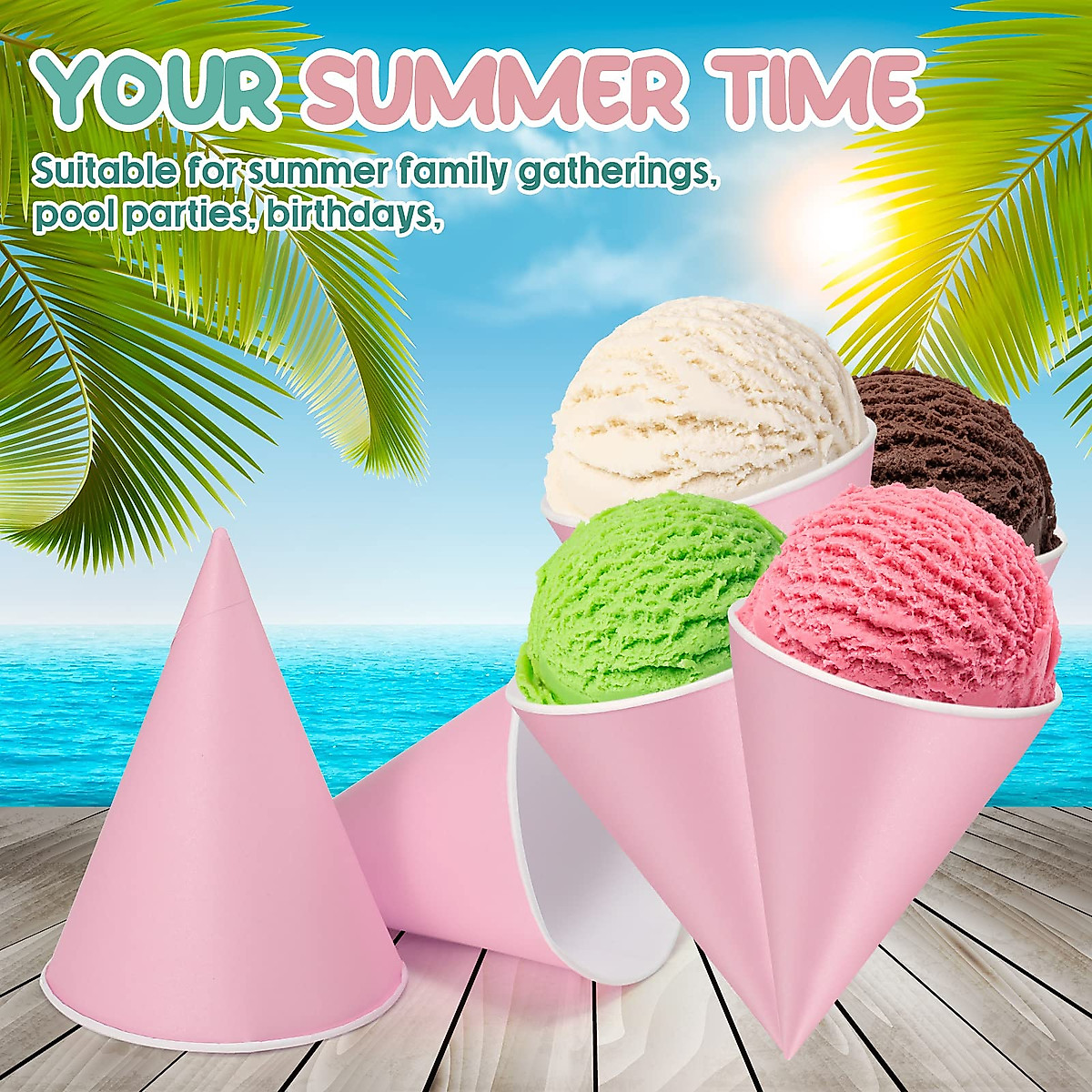 Zubebe 200 Pack Snow Cone Cups 4.5 Oz Cone Paper Cups Bulk Small Water Dispenser Cups Wax Coated Leakproof Cups for Office Water Coolers Shaved Ice, Slush Ice Cream (Pink)