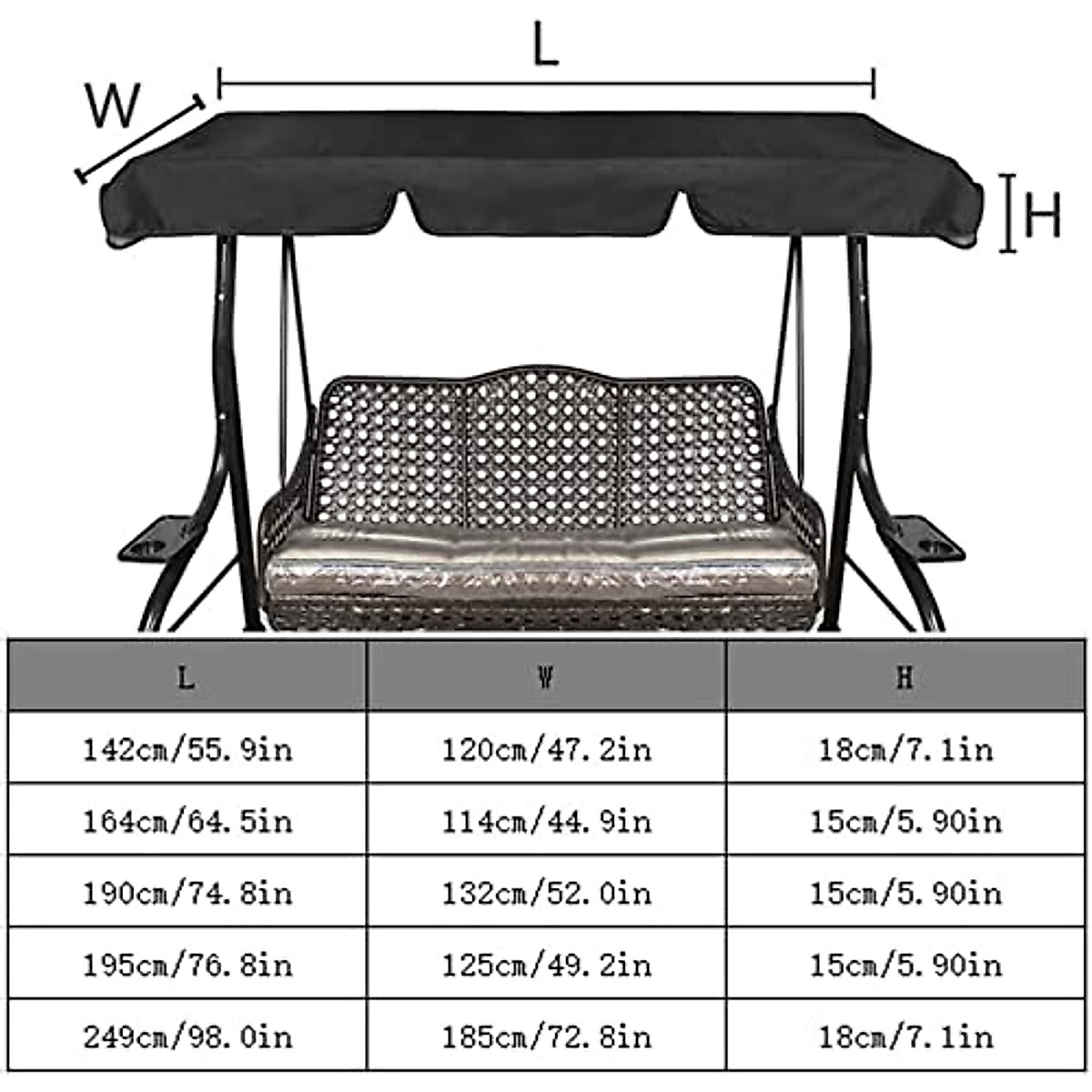 XYQSBY Garden Universal Replacement Canopy Swing Seat Chair 2 & 3 Seater Sizes Waterproof/Uv Resistant Patio Hammock Cover Top Roof for Outdoor Poolside Balcony,Gray,249x185x18cm