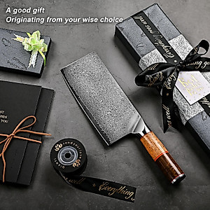 KINGOD Premium VG10 Kitchen Knife Set of 2pcs - 7" Meat Cleaver and 5" Paring Knife, Handcrafted Damascus Steel, Rosewood and Stabilizing Wood Handles