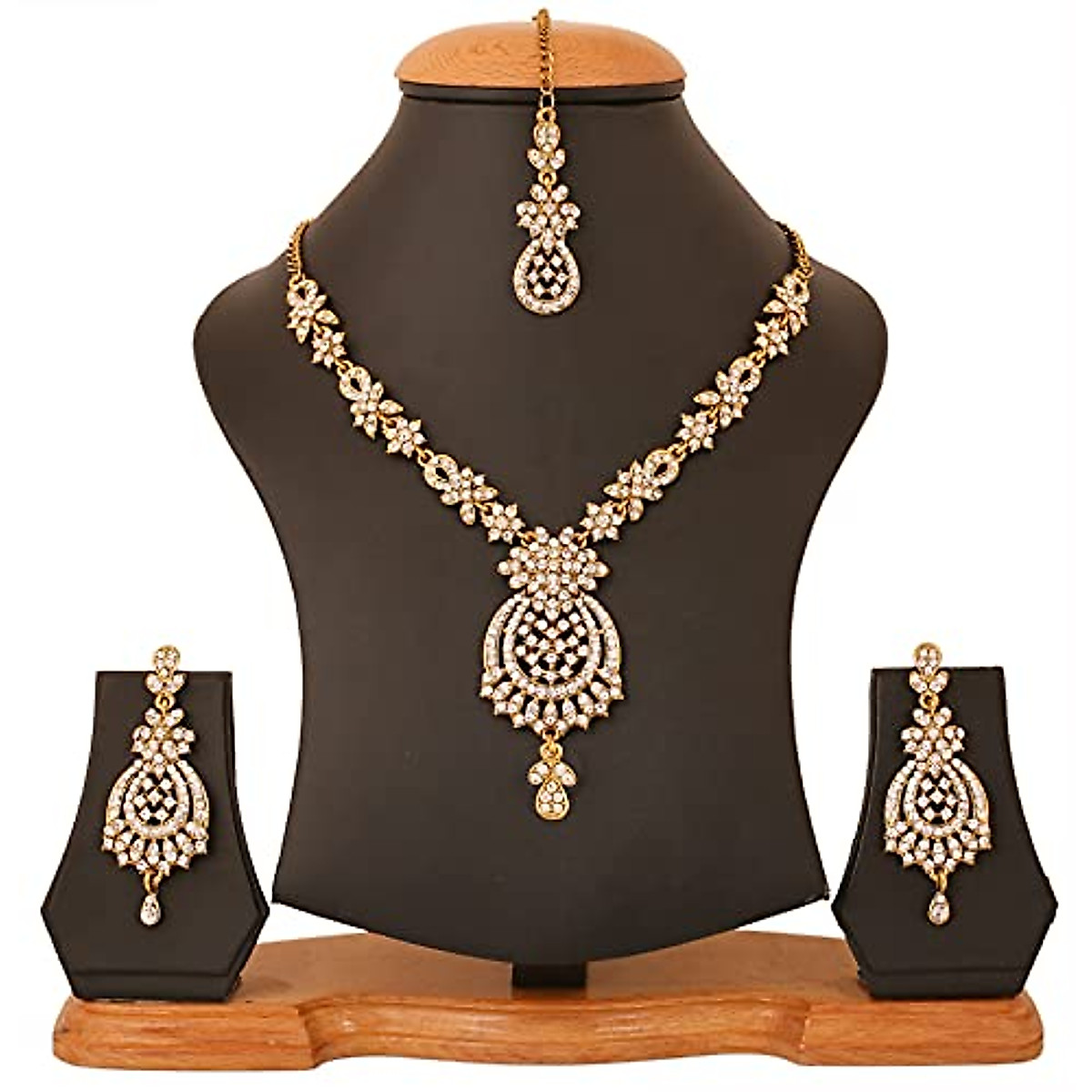 Touchstone Indian Bollywood Trends Filigree Floral Pattern Sparkling Rhinestone Designer Jewelry Necklace Set Mangtika In Antique Gold Tone For Women.