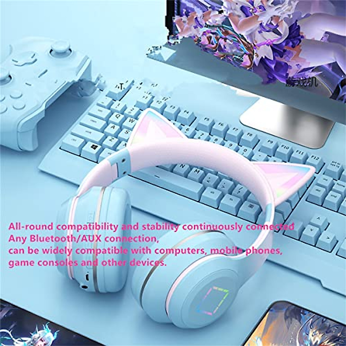 RAHAFA Cat Ear Headphones, Bluetooth 5.1 Headphones, Led Light Up Over Ear Headphones, Foldable Wireless Headset for Tablet/pc/ipad/Cell Phones, with Hanging Headphone Bracket-Black