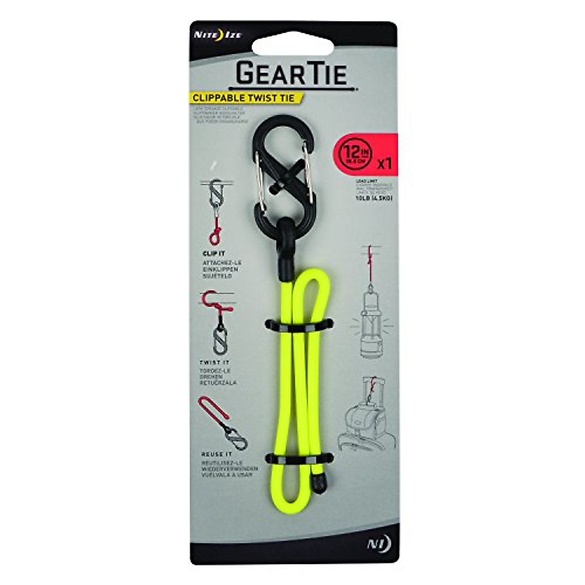 Nite Ize Gear Tie Clippable, The Original Reusable Rubber Twist Tie With A Convenient S-Biner Clip For Hanging + Organizing, 12-Inch, Neon Yellow