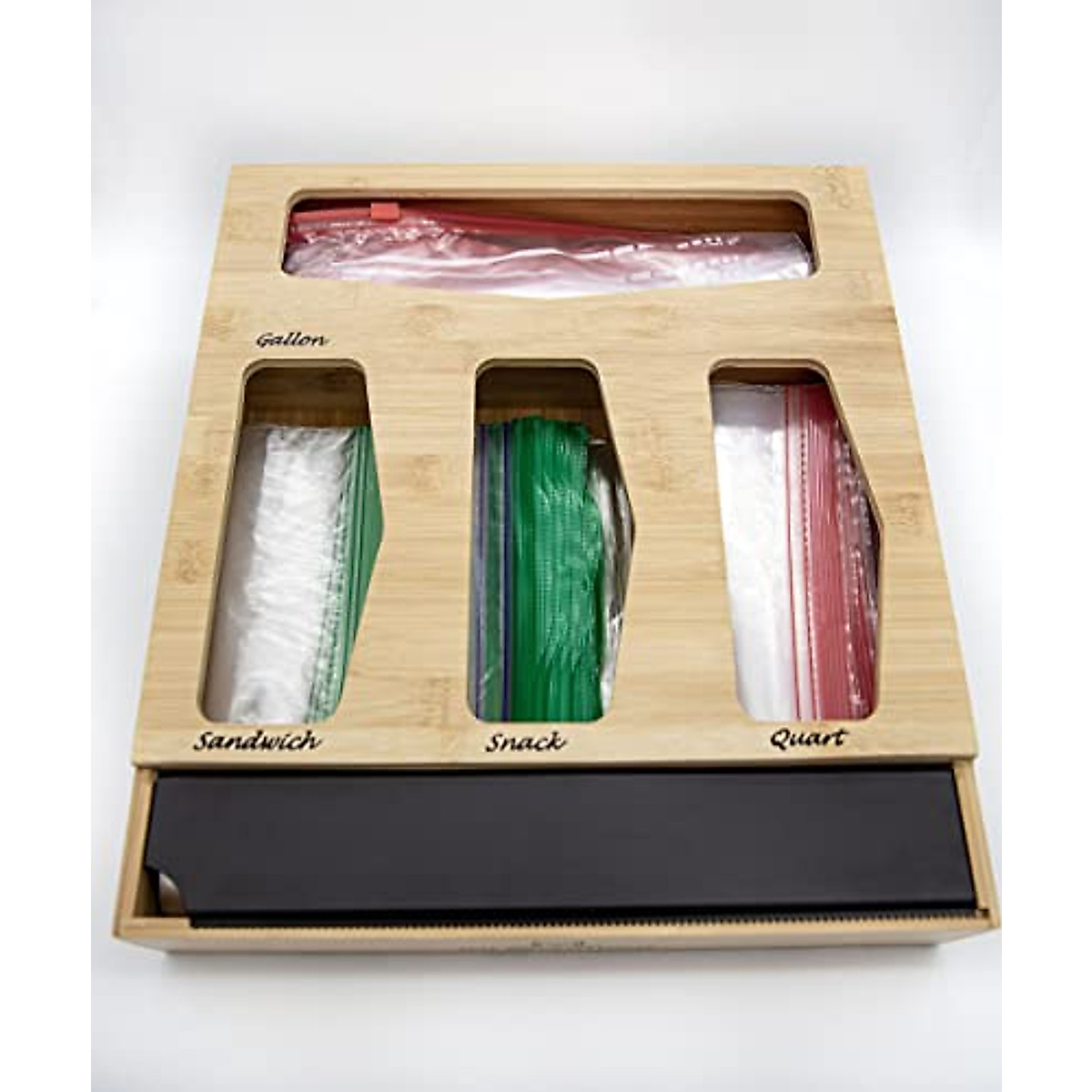 JMJ Ziplock Storage Bag Organizer for Kitchen Drawer, Pantry, Countertop. Bamboo Dispenser Fits Gallon, Sandwich, Quart, Snack. Fits 12" Foil or Plastic Wrap Roll