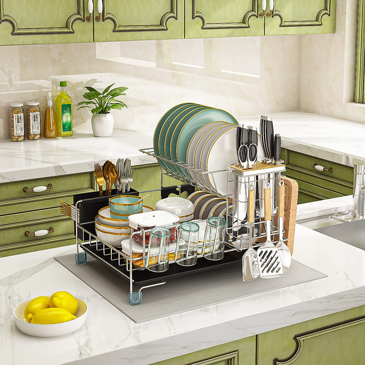 slhsy Dish Drying Rack, Stainless Steel 2-Tier Dish Rack with Cup Holder Utensil Holder Cutting Board Holder Knife Holder Drain Board for Kitchen Counter