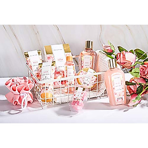 Spa Luxetique Gifts for Women - 10pc Rose Gift Basket, Deluxe Spa Tote Bag Bath Set with Wooden Handle, Bath Salt, Hand Soap, Body Butter, Mothers Day Gift Sets, Mothers Day Gifts for Mom