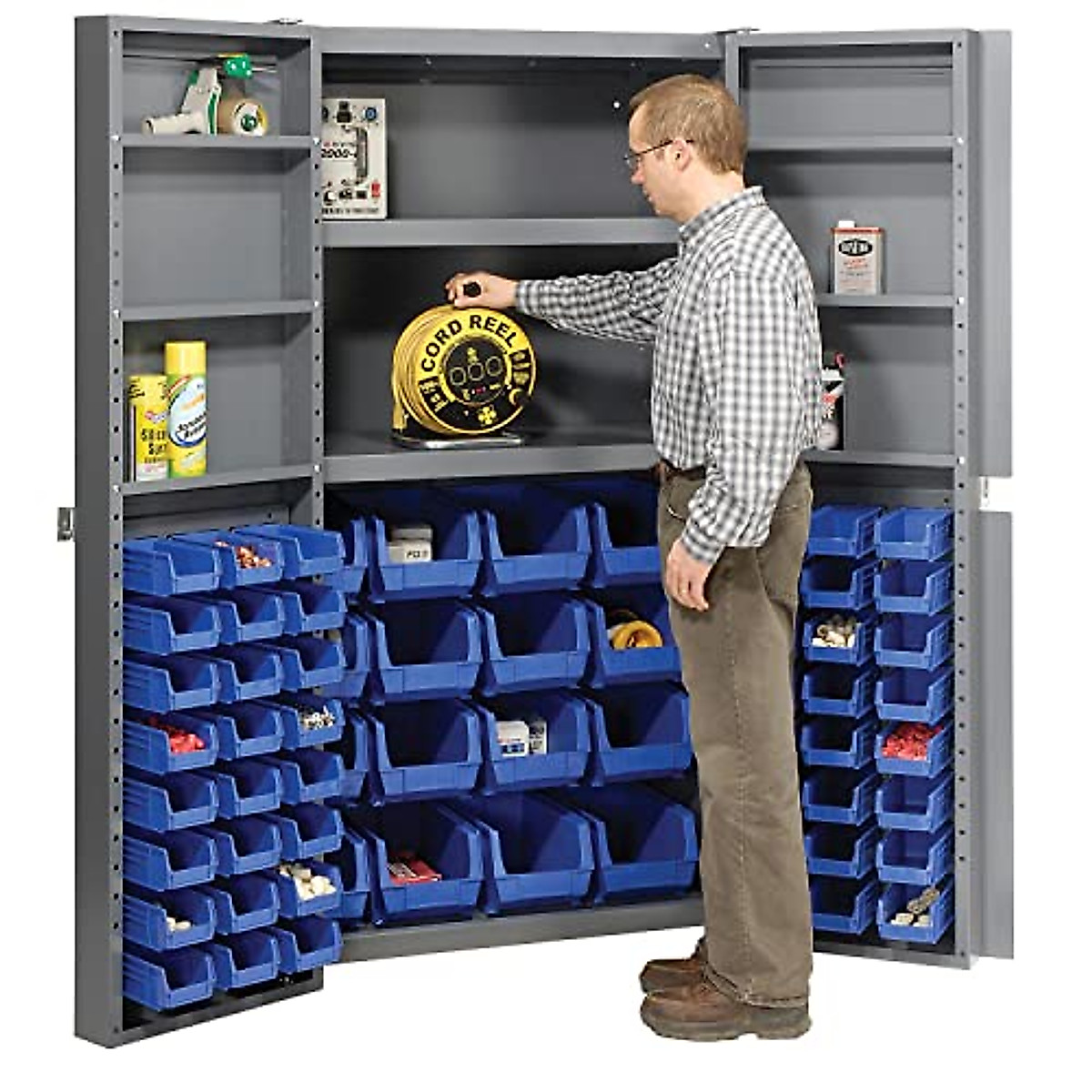 Global Industrial Bin Cabinet with 64 Blue Bins, 38x24x72, Unassembled