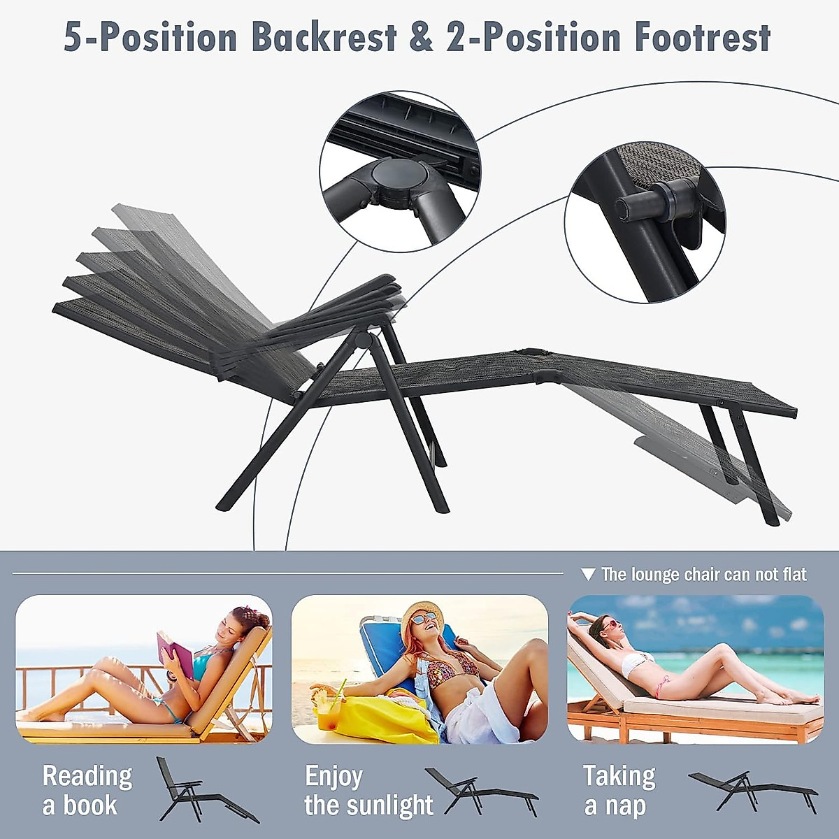 LUARANE Beach Chair, Outdoor Lounge Chair w/ 5-Adjustable Backrest & 2-Position Footrest, Portable Outdoor Folding Chair for Beach, Camping & Pool (Gray)